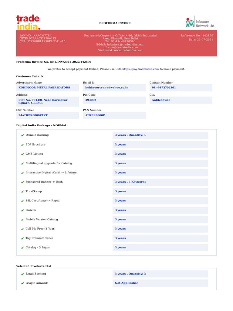 Infocom Network LTD Onl Inv 2021-2022 142899 | PDF | Damages | Indemnity