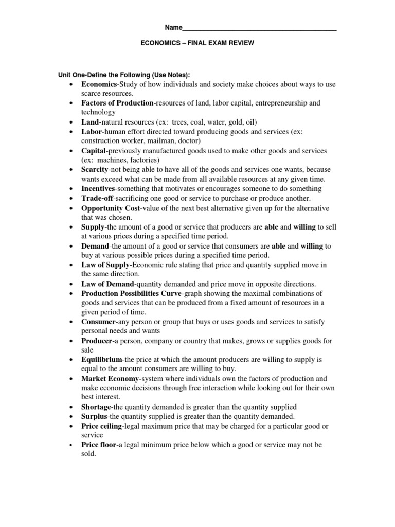 Economics - Final Exam Study Guide | PDF | Finance & Money Management ...