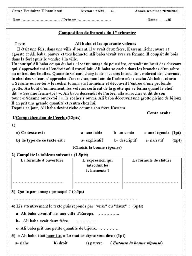 Résumé d'Ali Baba et les 40 voleurs | PDF | Arts du langage et discipline