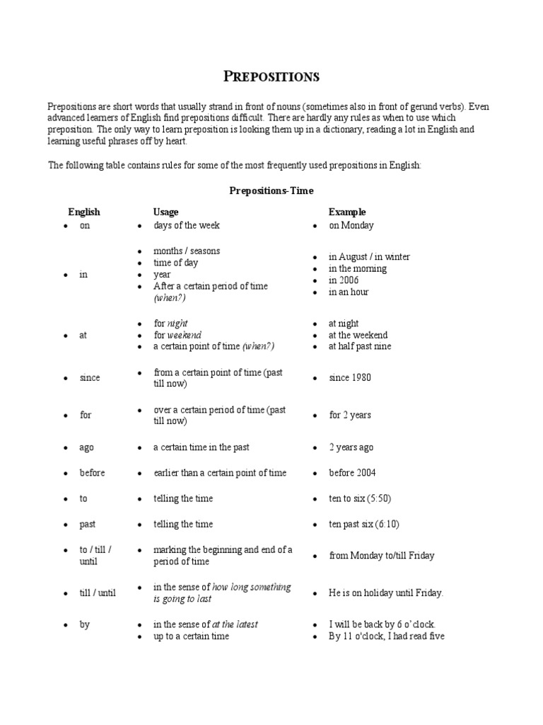 Prepositions | PDF | Preposition And Postposition | English Language