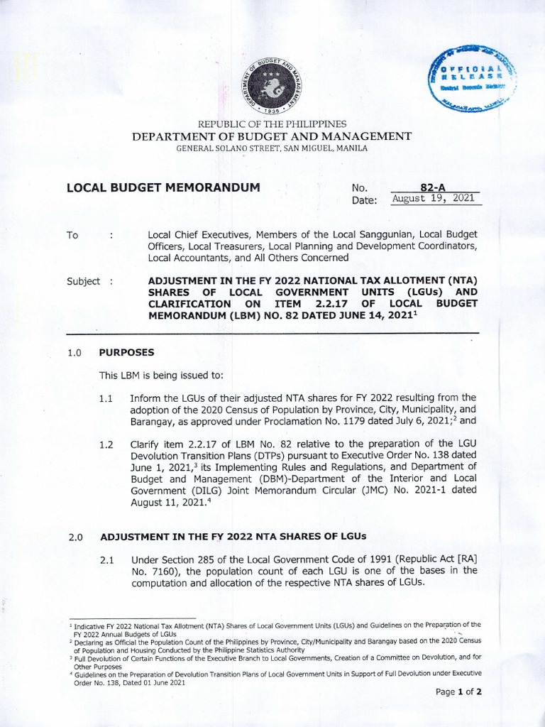 Local Budget Memorandum No 82 A Dated August 192021 | PDF | Government ...