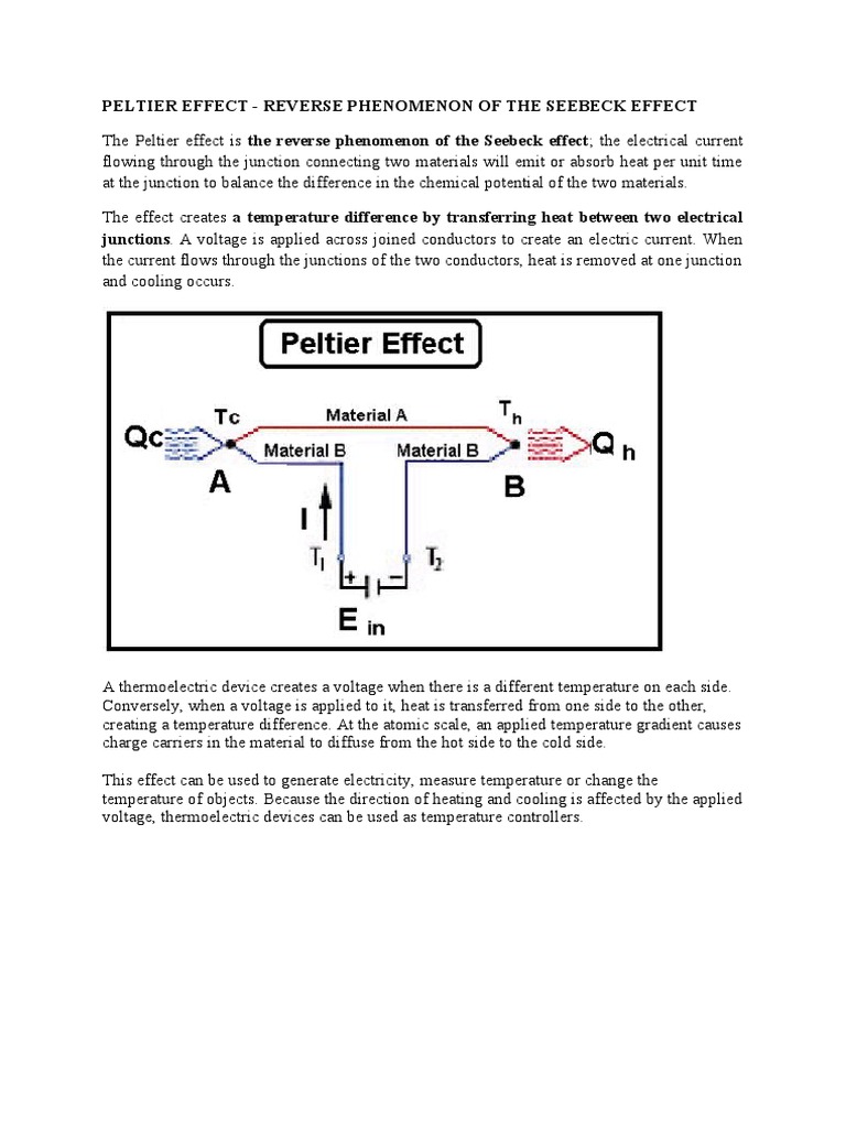 Peltier Effect - Reverse Phenomenon of The Seebeck Effect | PDF