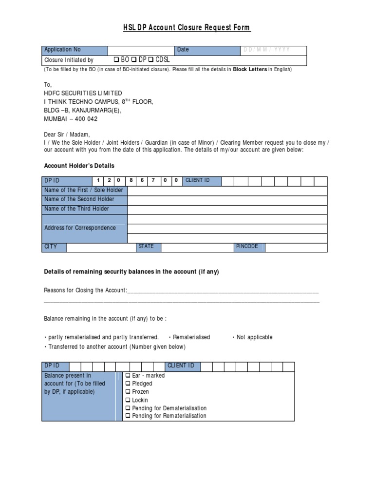 HSL DP Account Closure Request Form | PDF | Financial Markets ...