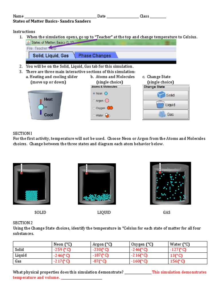 PHET States of Matter Basics | PDF | Gases | Temperature
