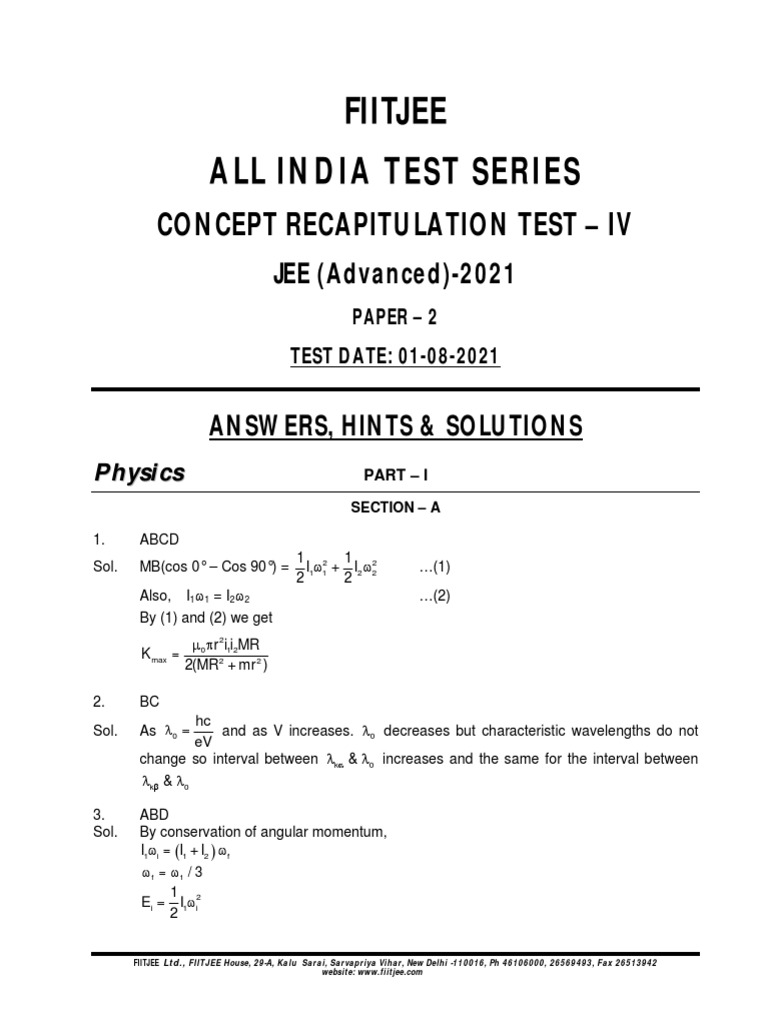 Aits 2021 CRT IV Jeea Paper 2 Sol | PDF | Mole (Unit) | Quantity