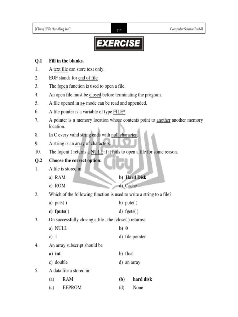Q.1 Fill in The Blanks.: (Ch#14) File Handling in C Computer Science ...
