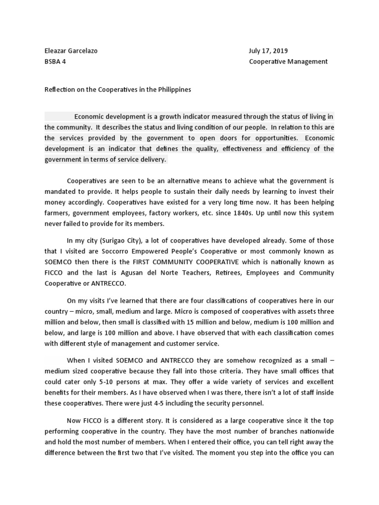 Cooperative Management Reflection | PDF