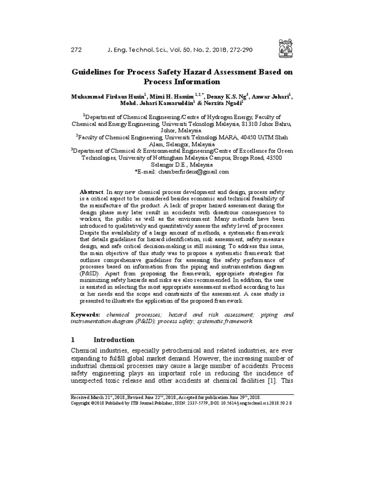Guidelines For Process Safety Hazard Assessment Based On Process ...