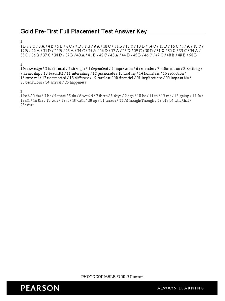 Gold Pre-First Full Placement Test Answer Key | PDF | Cooking, Food ...