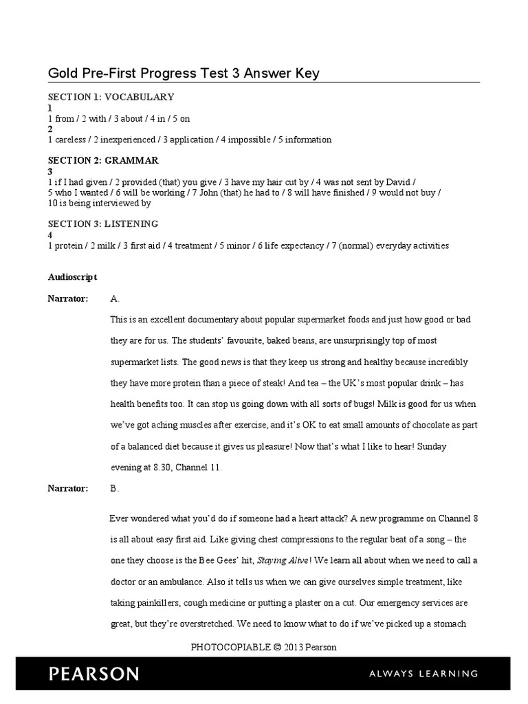 Gold Pre-First Progress Test 3 Answer Key: Section 1: Vocabulary 1 | PDF