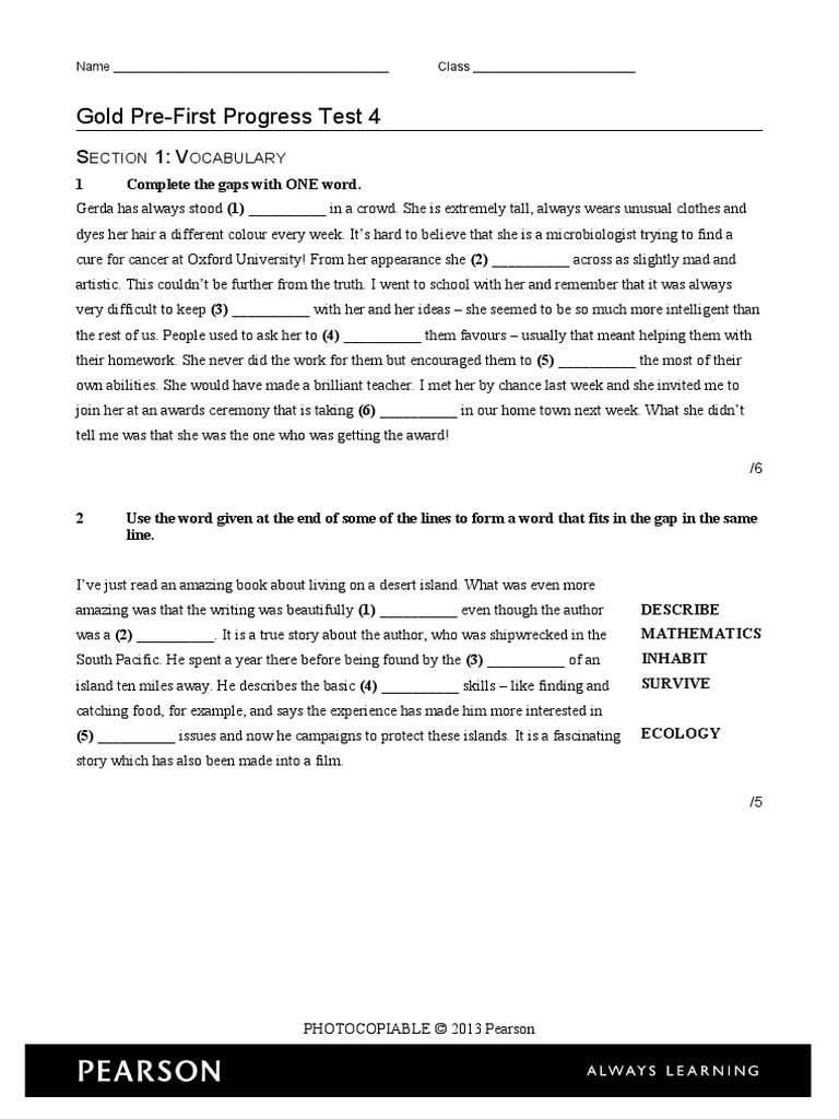 Gold Pre-First Progress Test 4: Name - Class | PDF