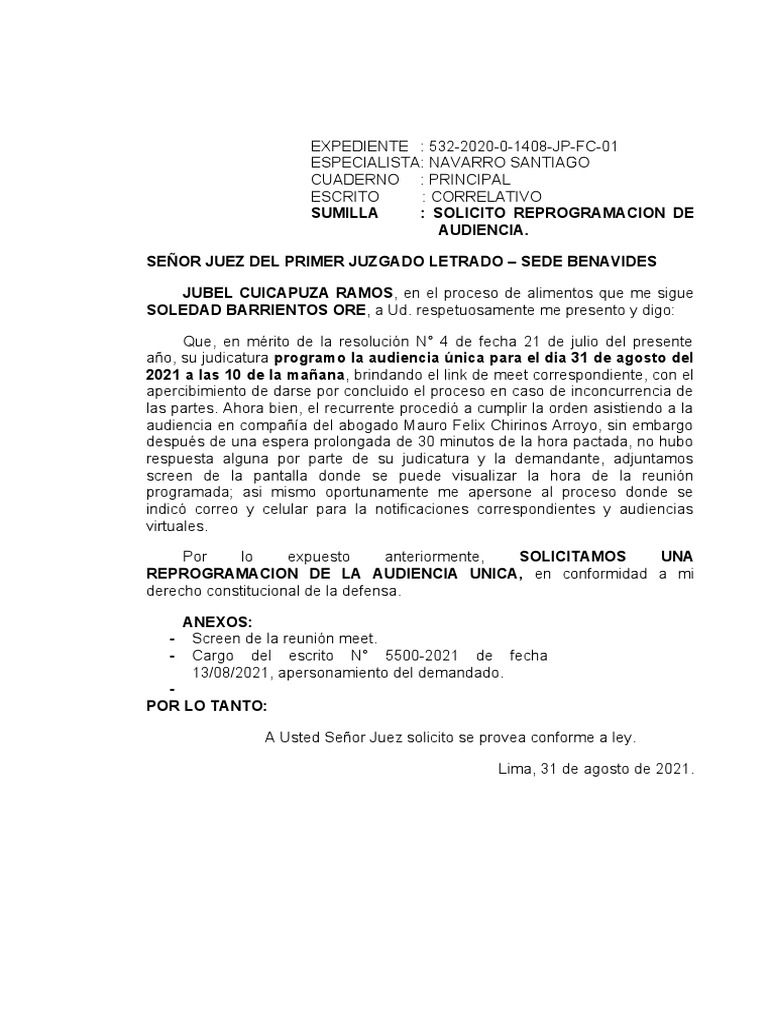 Solicito Reprogramación de Audiencia | PDF