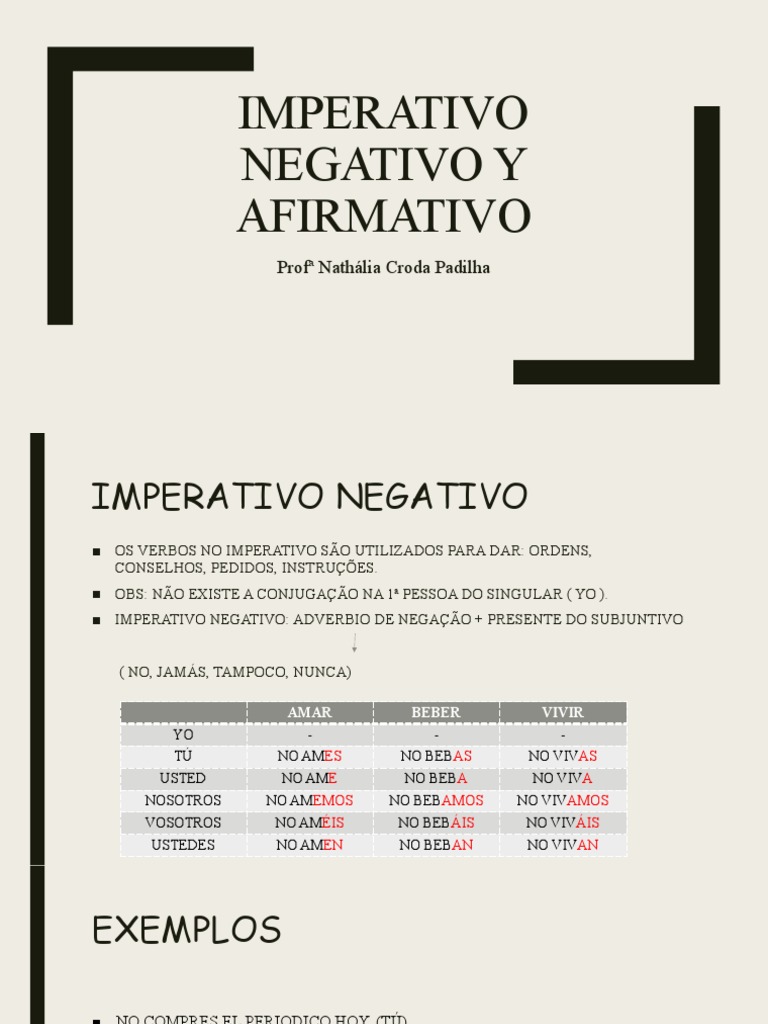 Imperativo Negativo y Afirmativo | PDF | Gramática | Artes del lenguaje ...