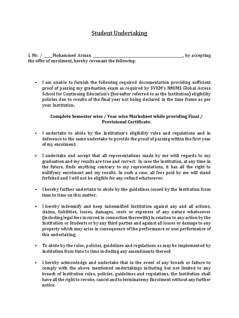 Student Undertaking Mohammed Arman | PDF | Indemnity | Civil Law (Legal System)