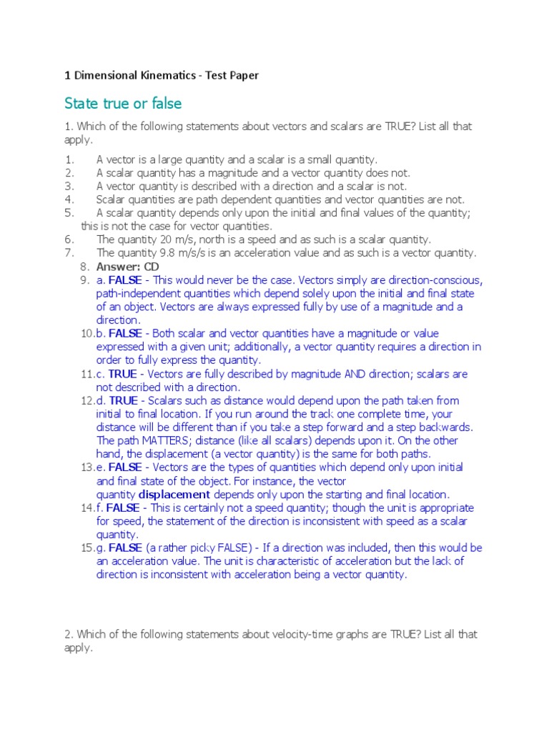 1 Dimensional Kinematics Test Paper | PDF | Velocity | Acceleration