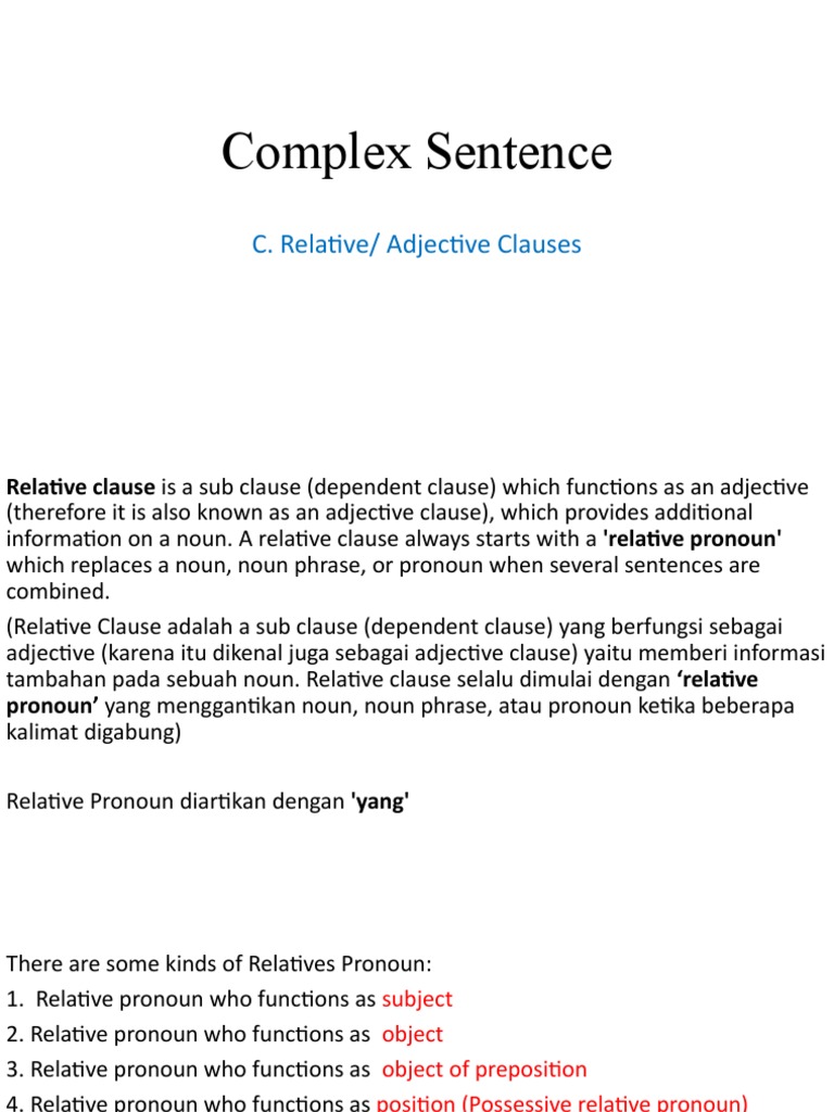 Complex Sentence With Relative or Adjectives Clause | PDF | Pronoun | Noun
