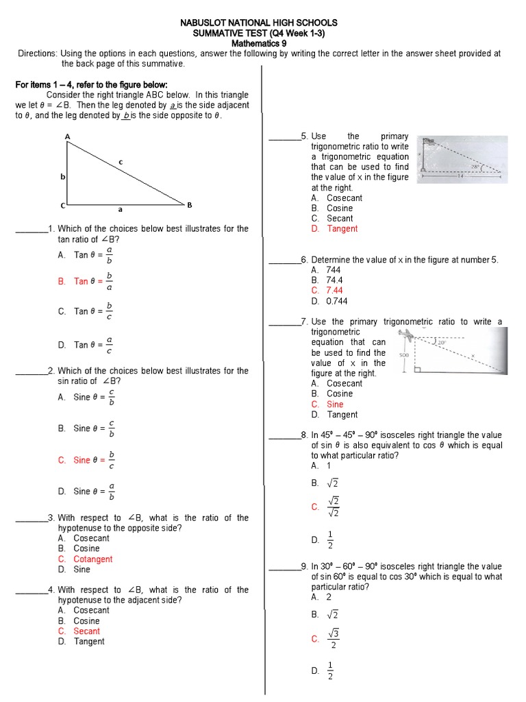 Math 9 Summative Test on Trigonometry | PDF | Trigonometric Functions ...