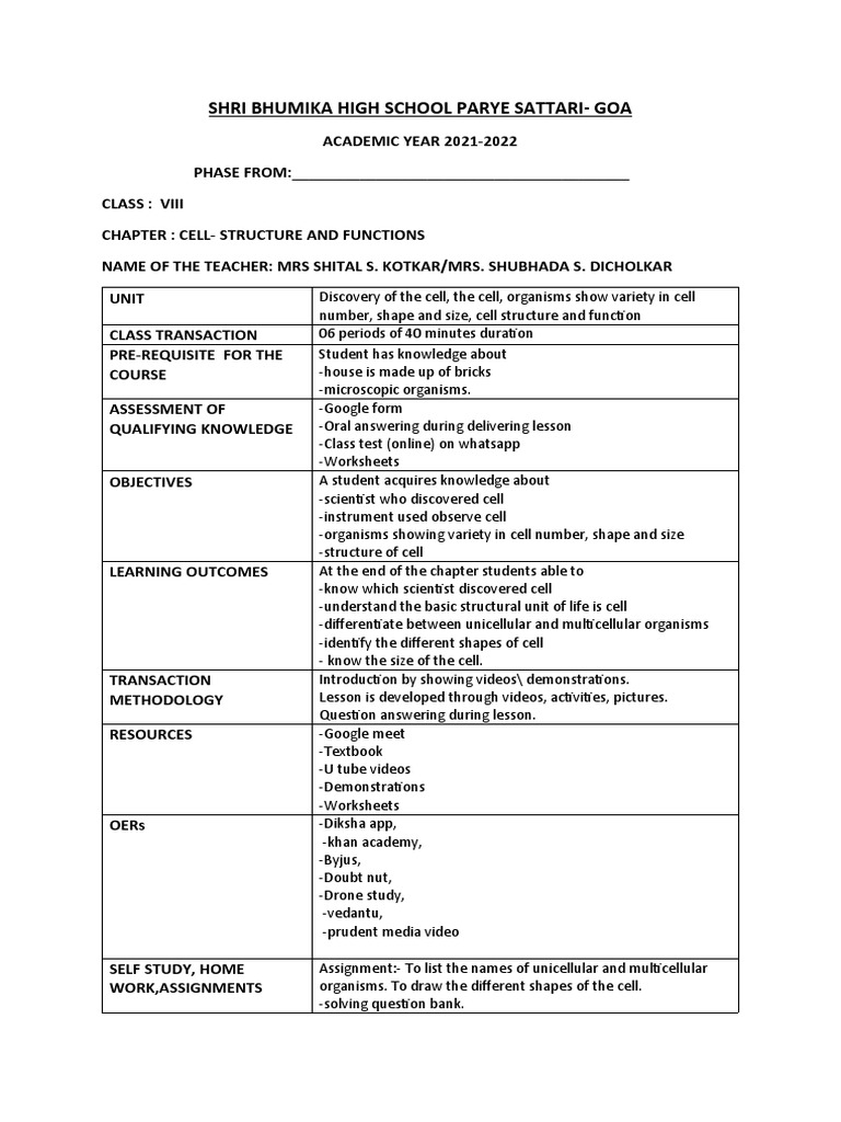 Lesson Plan VIII Cell | PDF | Cell (Biology) | Organisms