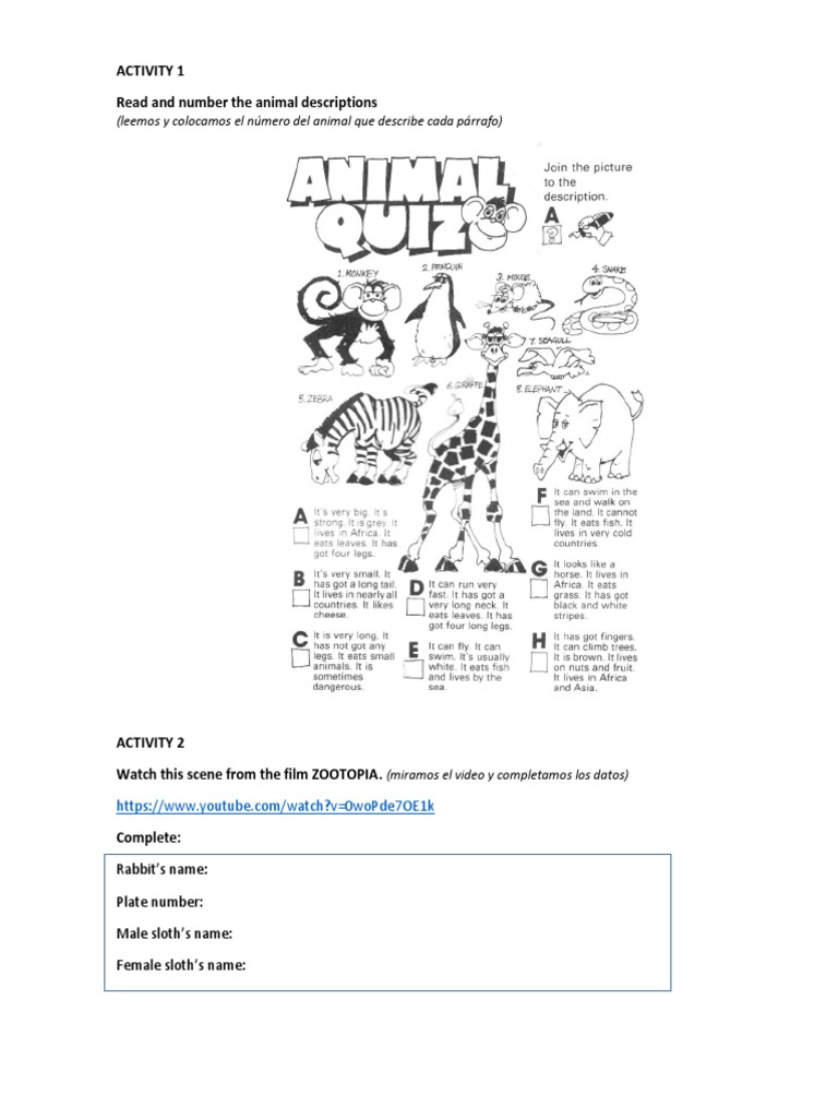 Activity 1 Read and Number The Animal Descriptions: (Leemos y Colocamos ...