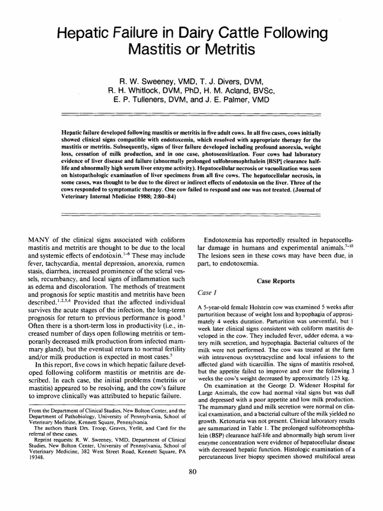 Hepatic Failure in Dairy Cattle Following Mastitis or Metritis | PDF ...