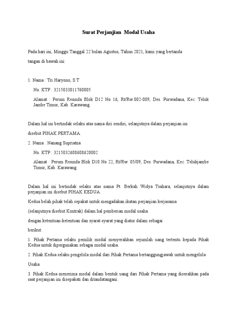 Surat Perjanjian Modal Usaha | PDF