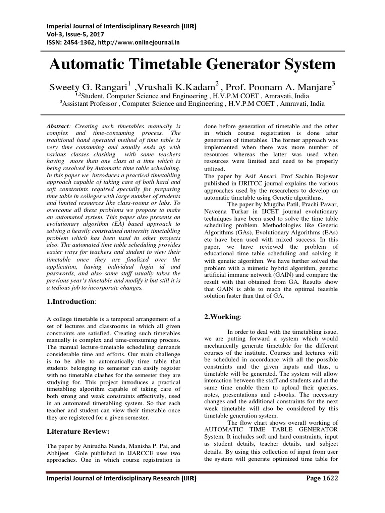 Automatic Timetable Generator System: Sweety G. Rangari, Vrushali K.Kadam, Prof. Poonam A ...