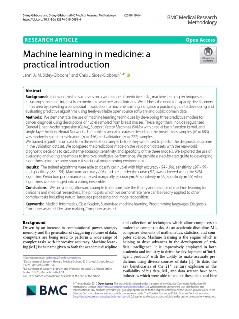 Machine Learning in Medicine - A Practical Introduction | PDF | Machine ...
