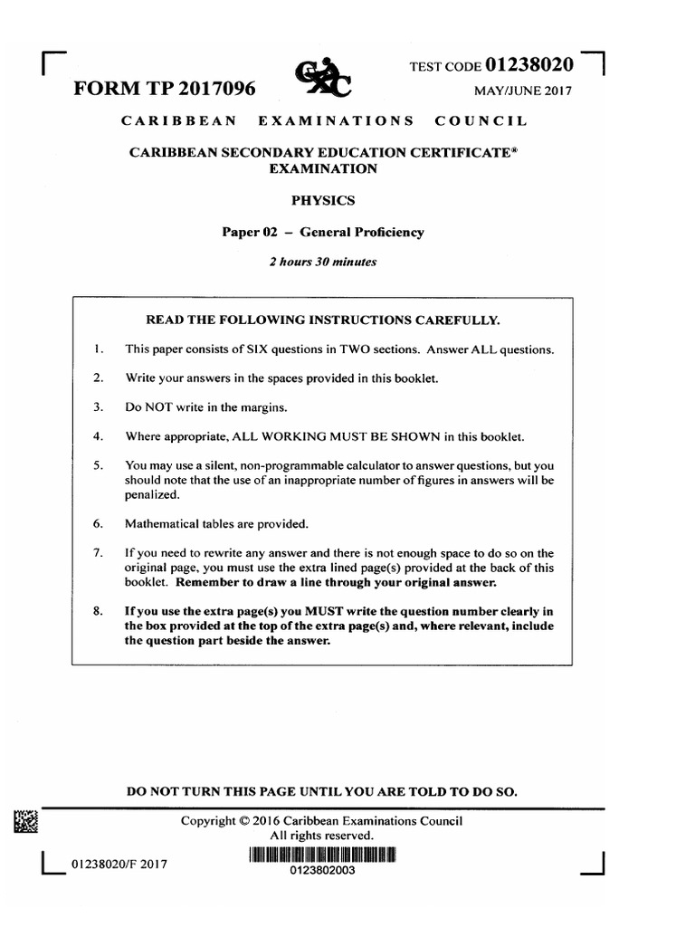 CSEC Physics P2 2017 June | PDF