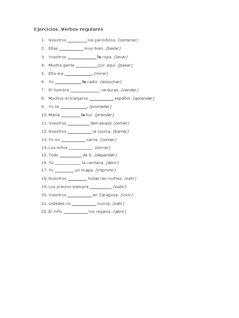 Ejercicios Verbos Regulares | PDF