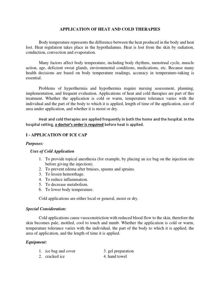 Application of Heat and Cold Therapies Checklist | PDF | Hypothermia ...