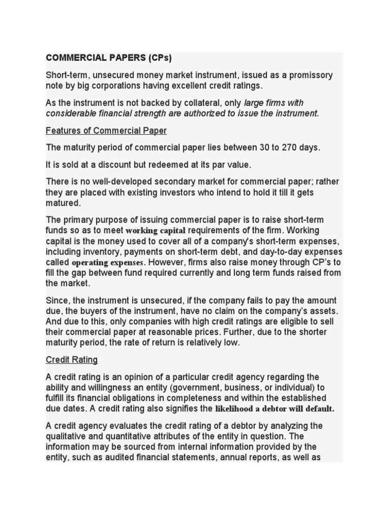 Commercial Papers (CPS) : Considerable Financial Strength Are ...