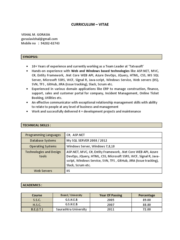 Curriculum - Vitae: Synopsis | PDF | Entity Framework | Microsoft Sql Server
