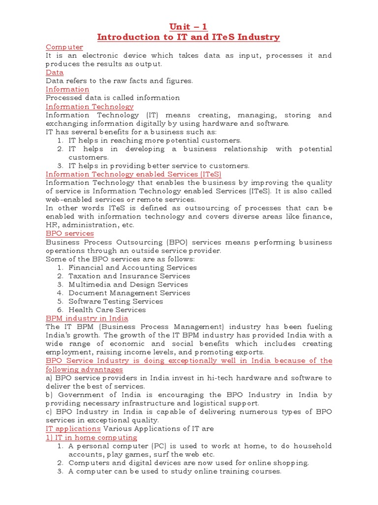 Unit - 1 Notes | PDF | Educational Technology | Outsourcing