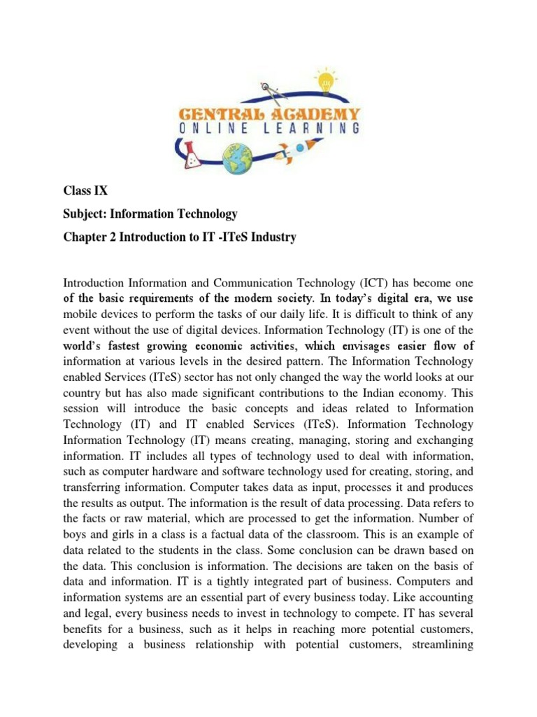 Class Ix Subject: Information Technology Chapter 2 Introduction To It ...
