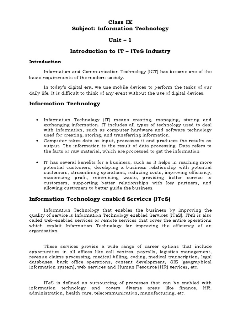 Class Ix Subject: Information Technology Unit - 1 Introduction To It ...