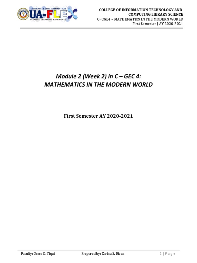 Module 2 (Week 2) in C - GEC 4: Mathematics in The Modern World ...