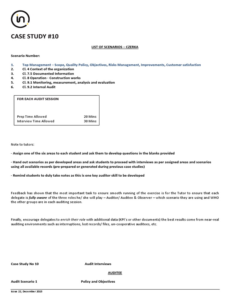 ISO 9001:2015 CS 10 Audit Interviews Scenarios CZERKA - 2017 | PDF ...