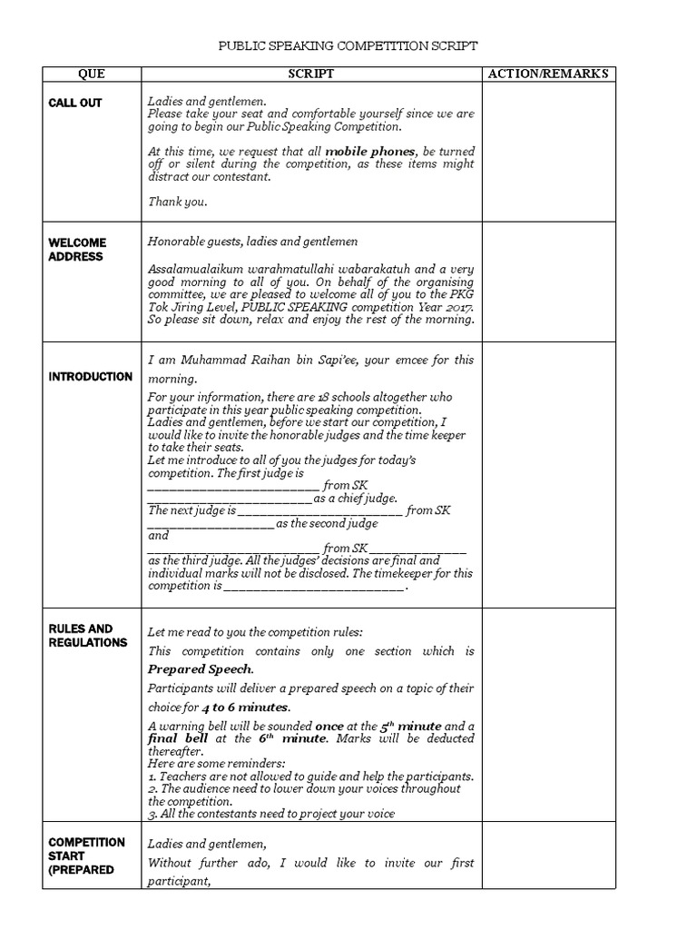 Public Speaking Competition Emcee Script | PDF