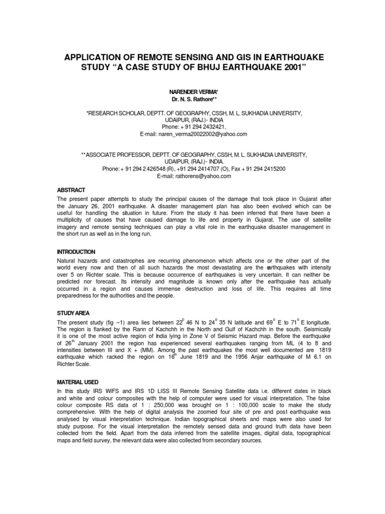 Application of Remote Sensing and Gis in Earthquake Study "A Case Study ...