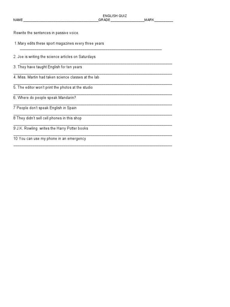 English Quiz NAME - GRADE - MARK | PDF | Sports & Recreation | Language ...