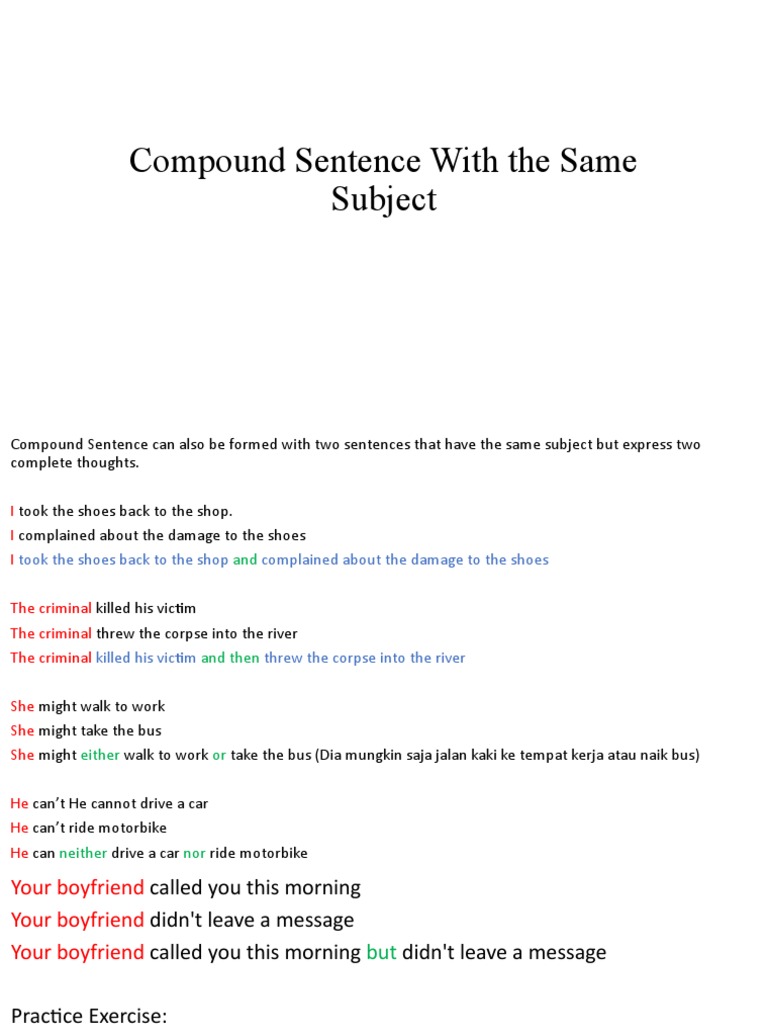 Compound Sentence With The Same Subject | PDF | Sentence (Linguistics ...