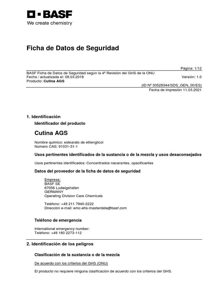 Ficha de Seguridad: Cutina AGS | PDF | Toxicidad | Agua