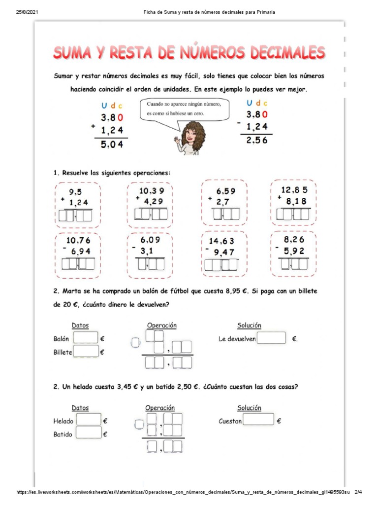 Ficha de Suma y Resta de Números Decimales para Primaria | PDF