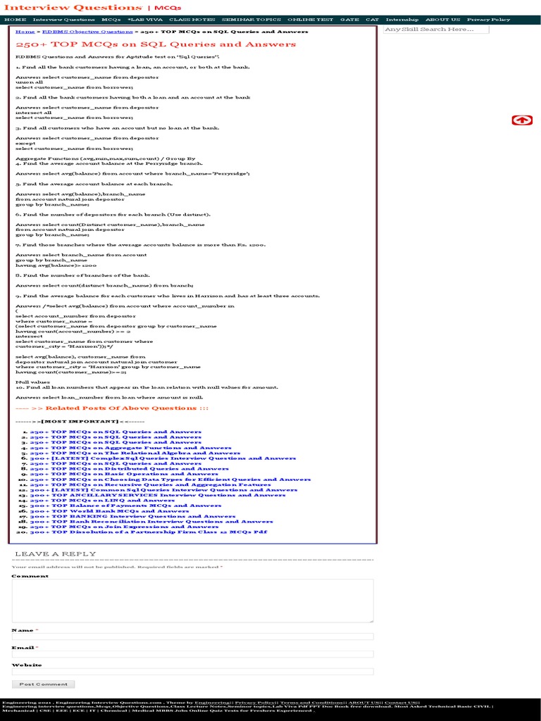 250+ TOP MCQs On SQL Queries and Answers - Quiz | PDF | Deposit Account ...