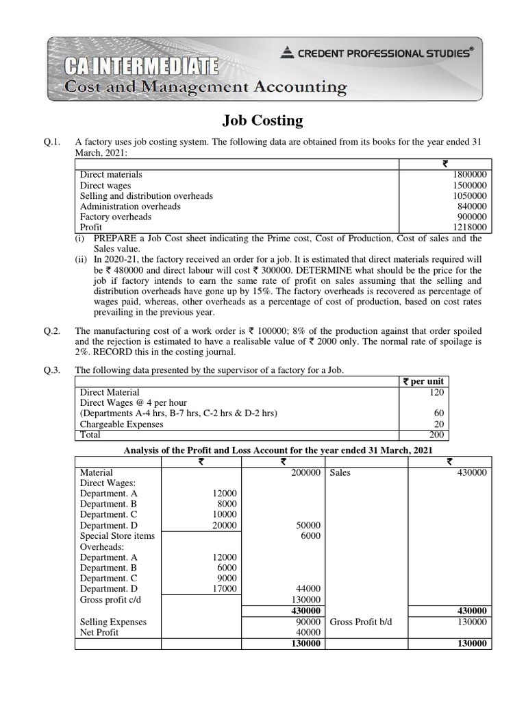 Job Costing & Contract Costing Worksheet | PDF | Expense | Cost