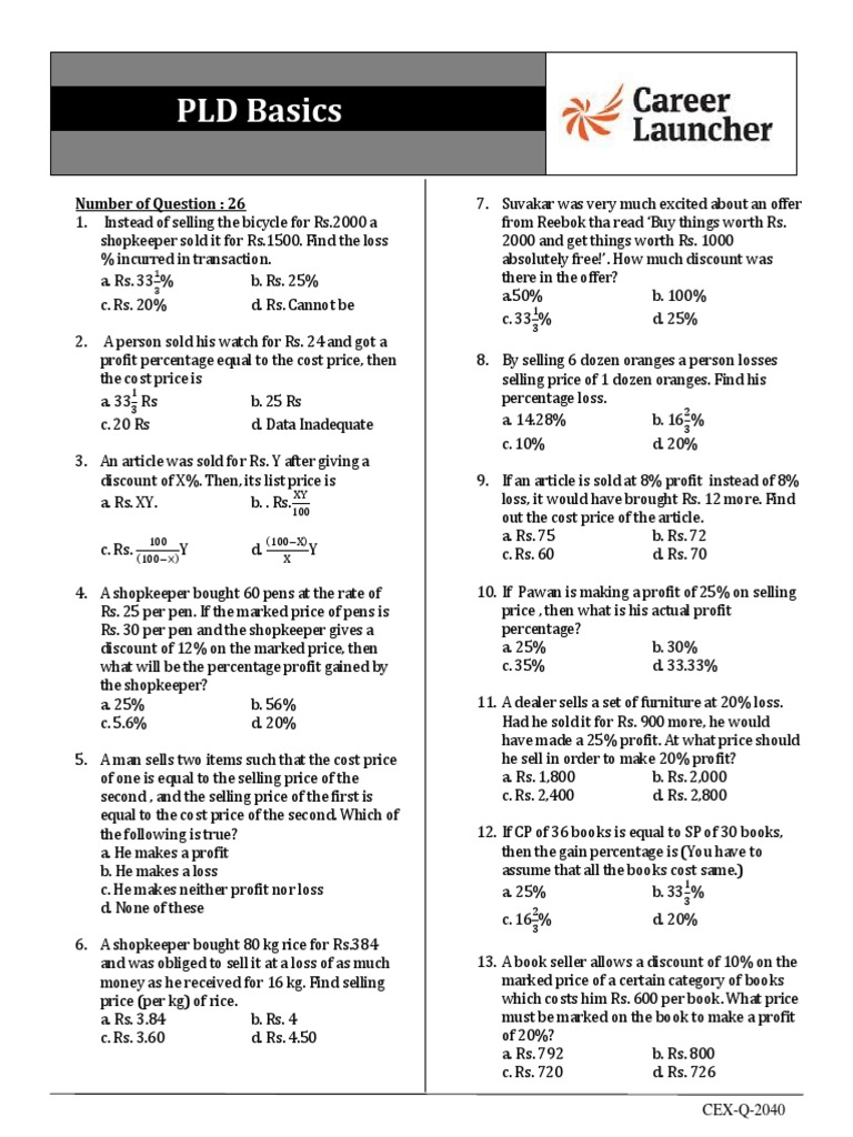 PLD Basics: Number of Question: 26 | PDF | Prices | Percentage