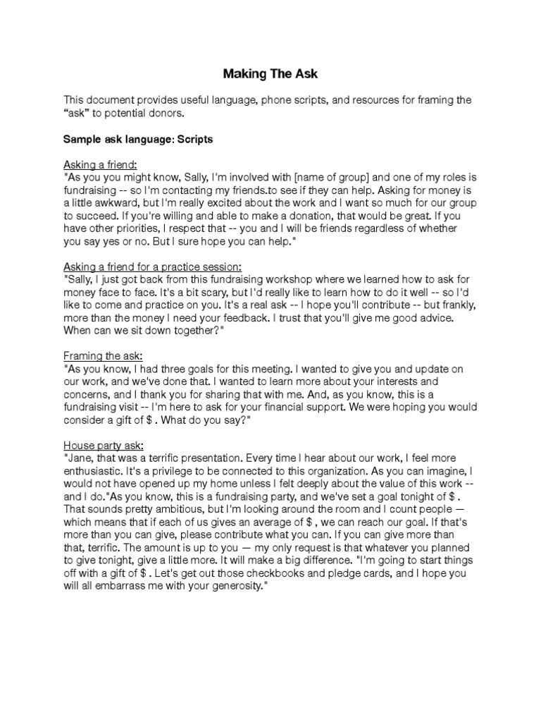 Making The Ask: Sample Ask Language: Scripts | PDF | Self-Improvement