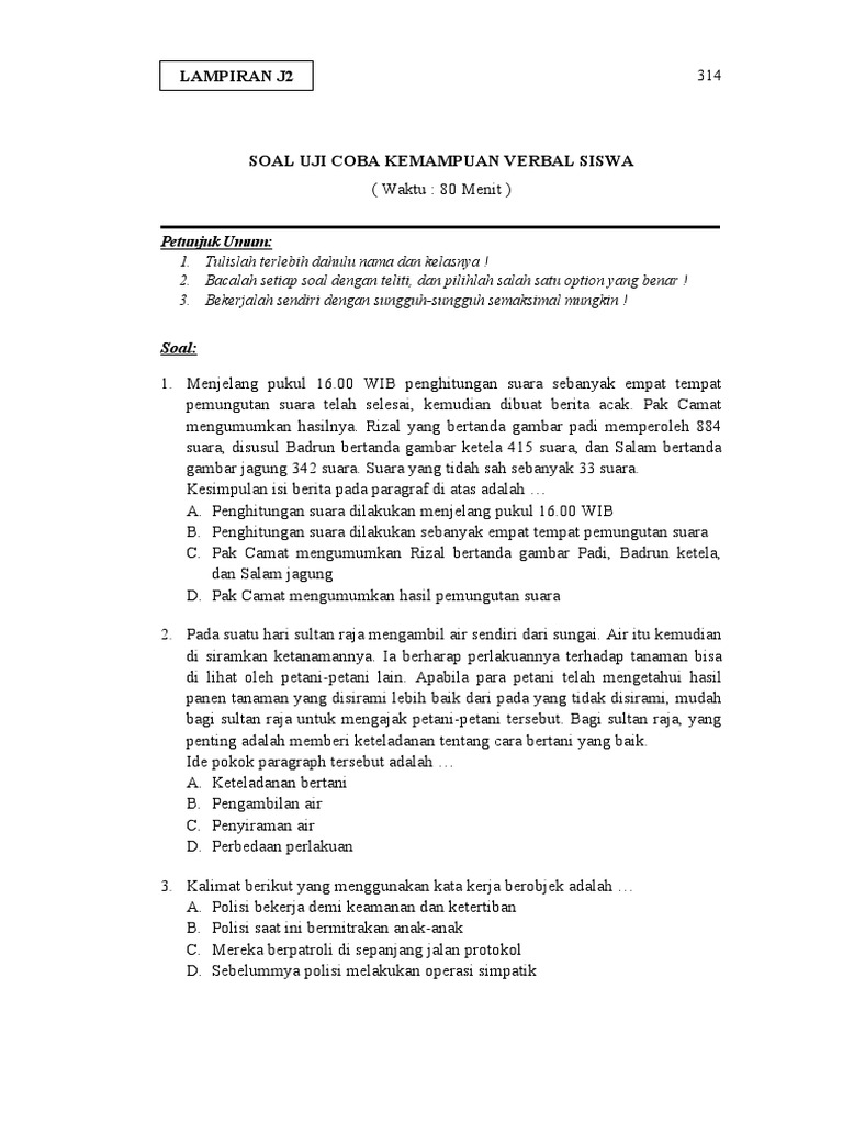 (J) 2 Soal Ujicoba Kemampuan Verbal Siswa | PDF