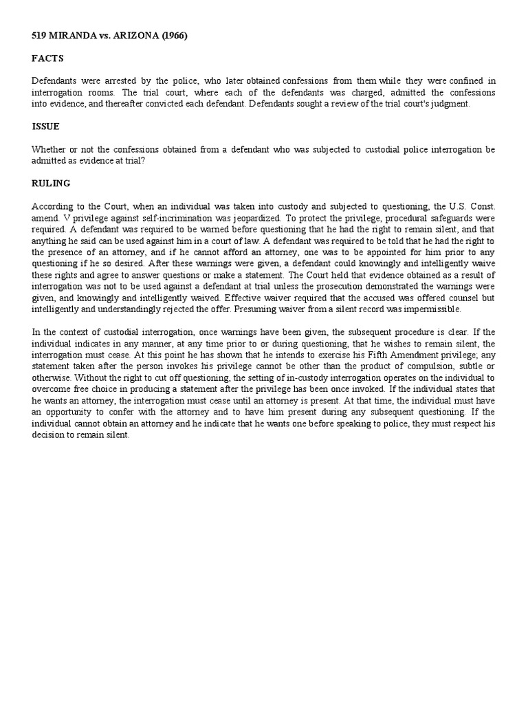 519 MIRANDA vs. ARIZONA (1966) | PDF | Miranda Warning | Criminal Justice