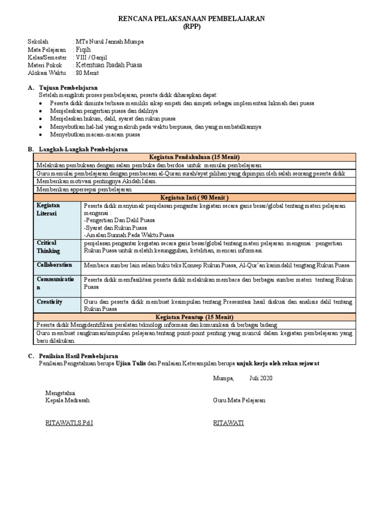 RPP 1 Lembar FIQIH MTs Kelas VIII Semester 1 GuruYes | PDF | Karier & Perkembangan ...
